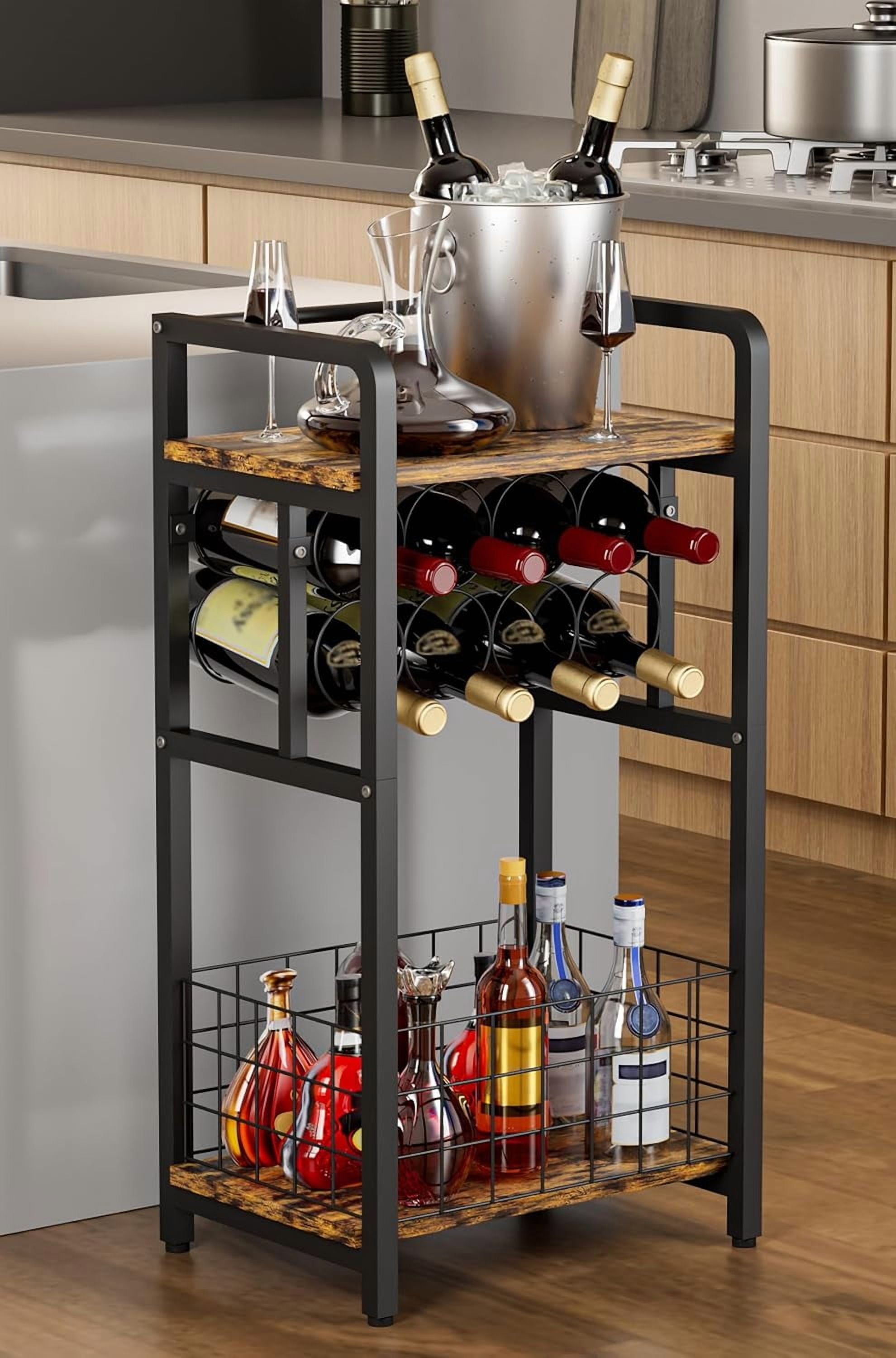 3-Tier Wine Rack Freestanding Floor with Wood Top, Liquor Stand with ...