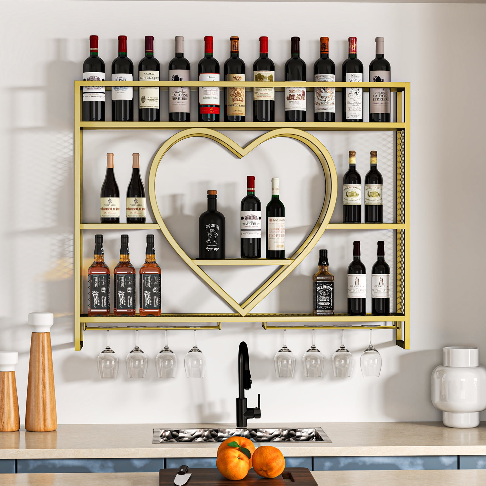 3-Tier Wine Rack Wall Mounted 47in Modern Metal Wall Bar Shelves with ...