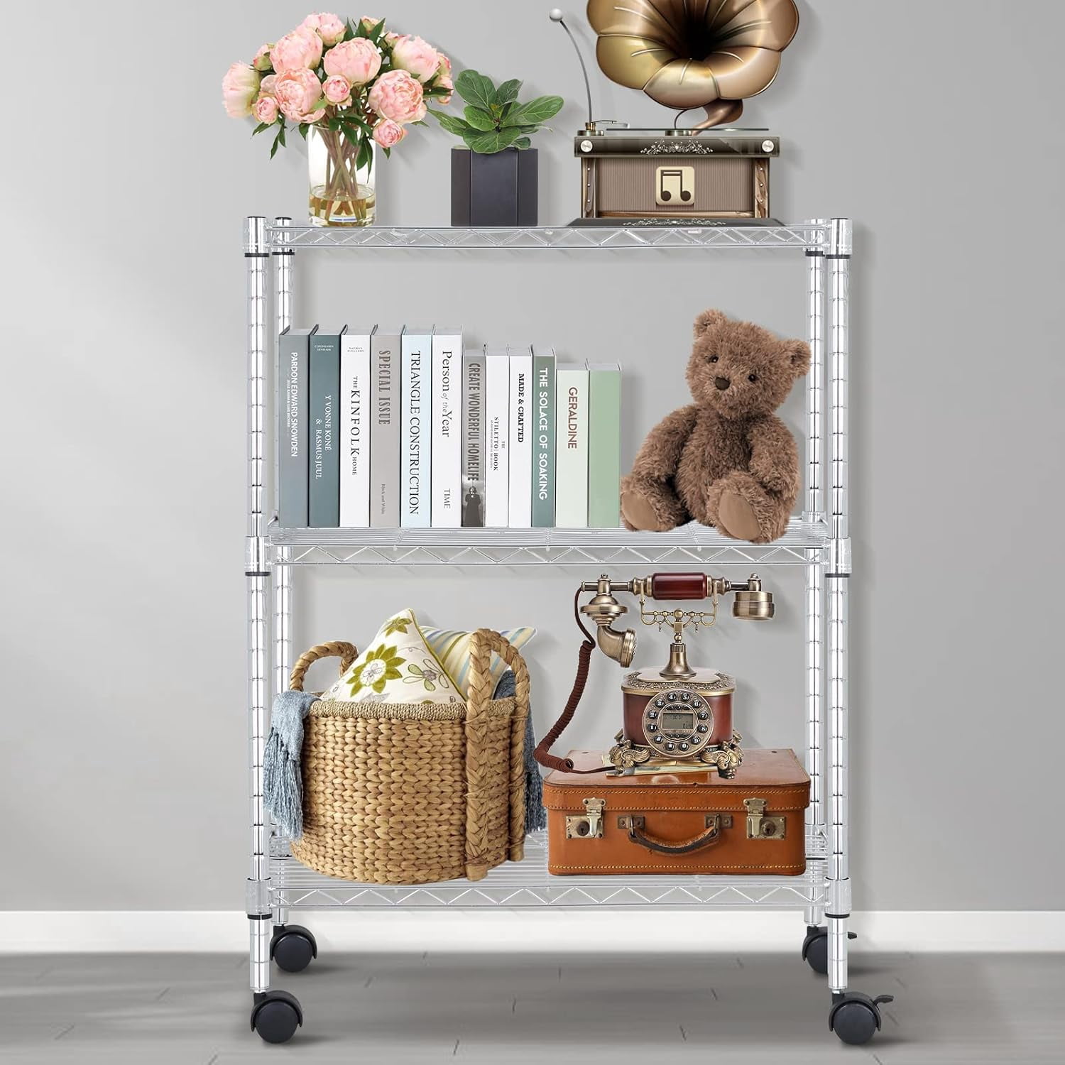 3-Tier Wire Shelf with Wheels, 23"×13"×31" Adjustable Metal Storage ...