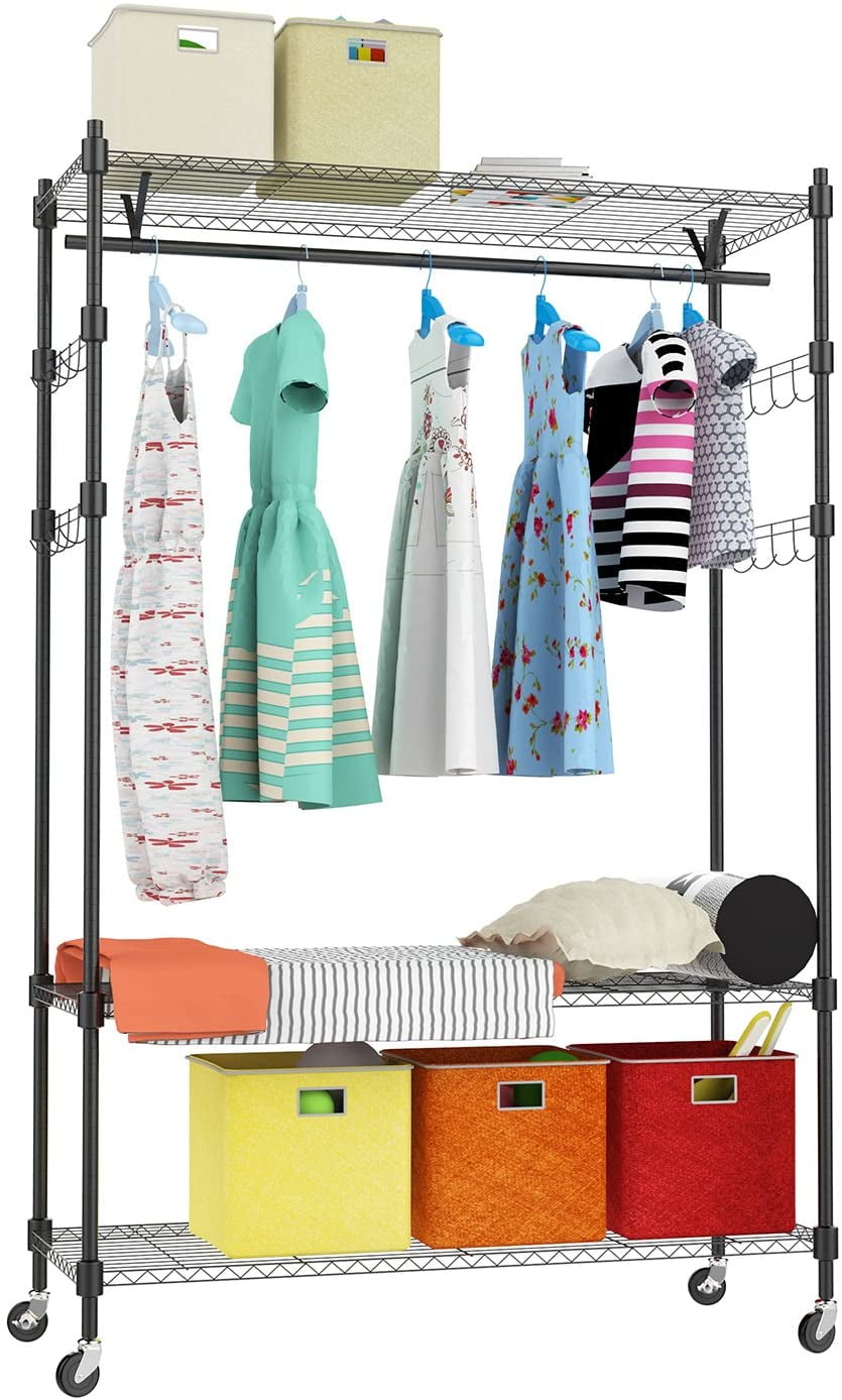 3-Tier Wire Shelving Unit Heavy Duty Garment Rolling Rack with Double ...