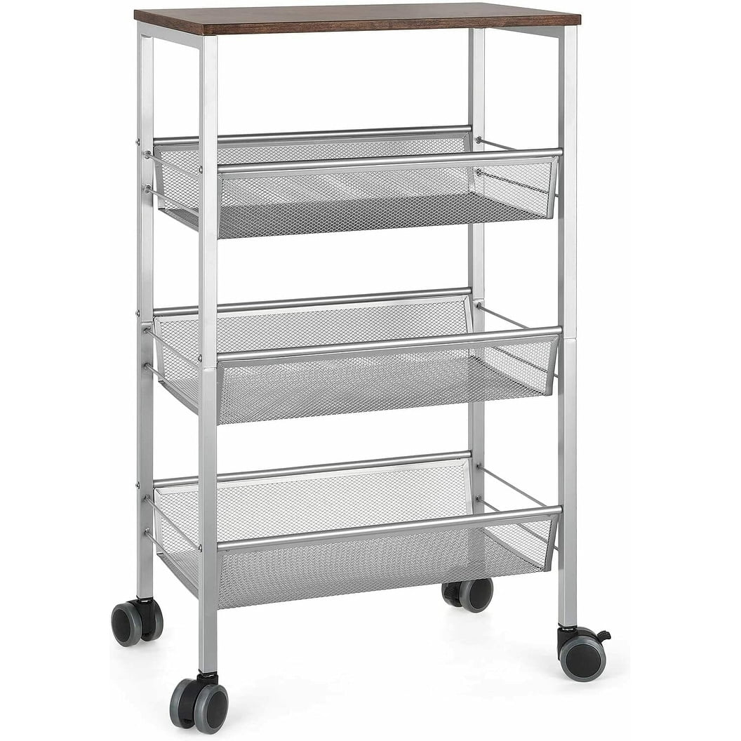 3-Tier Wire Storage Cart, MDF Wood Top and Metal Frame, Silver ...