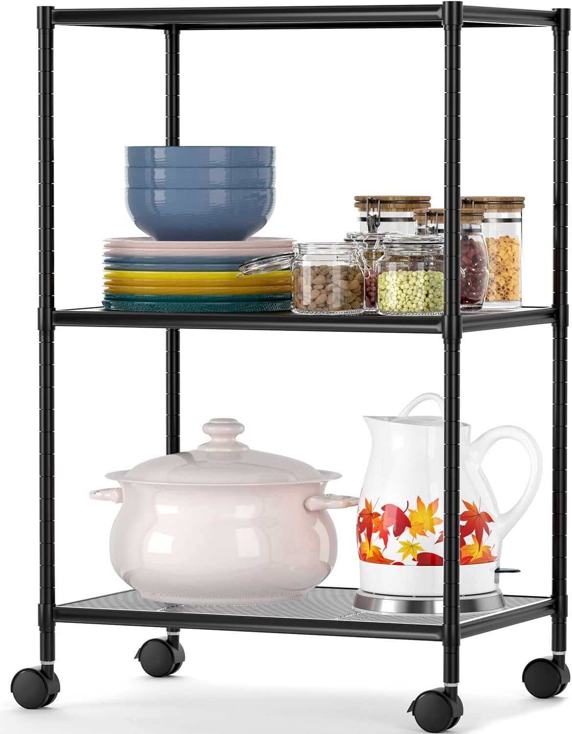 3-Tier Wire Storage Shelves, Adjustable Shelving Units with Wheels ...