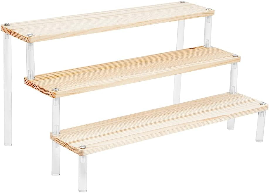 3-Tier Wood Acrylic Display Risers, Wooden Showing Stand Clear Display Shelf Jewelry Displays ...