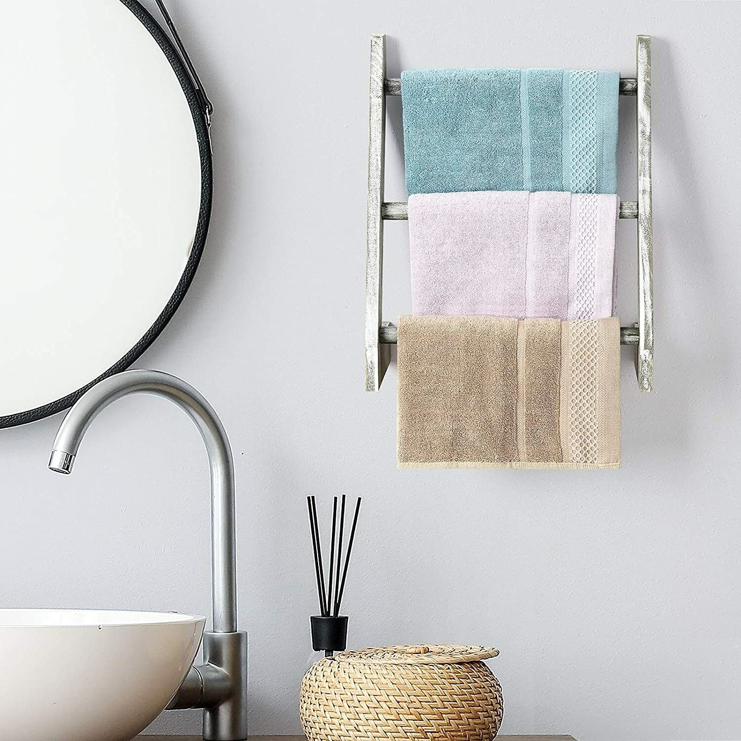 3-Tier Wood Ladder Towel Rack Wall Mounted for Bathroom Hanging ...