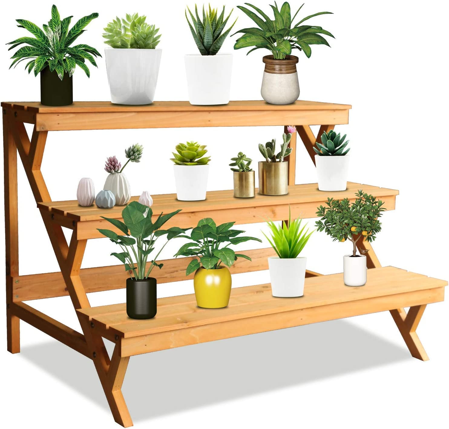 3 Tier Wood Plant Stand Indoor Outdoor, Ladder Large Multi Tiered Plant ...
