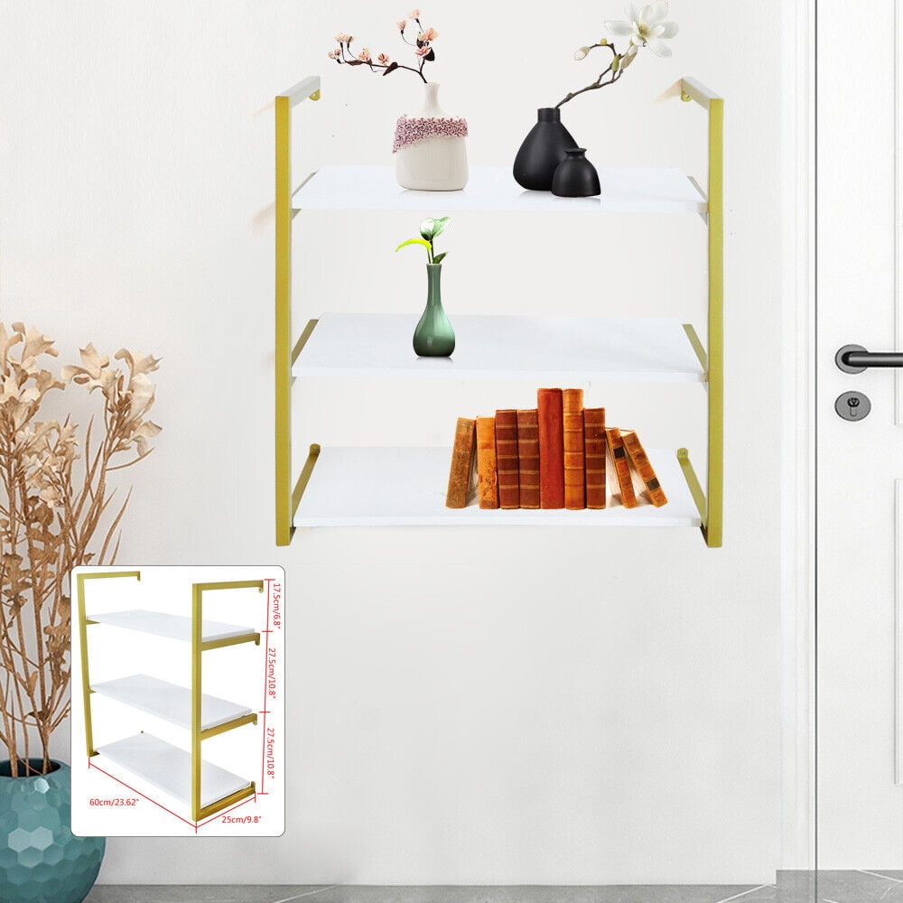 3-Tier Wood Wall-Mounted Floating Shelf Bookcase Metal Shelves ...