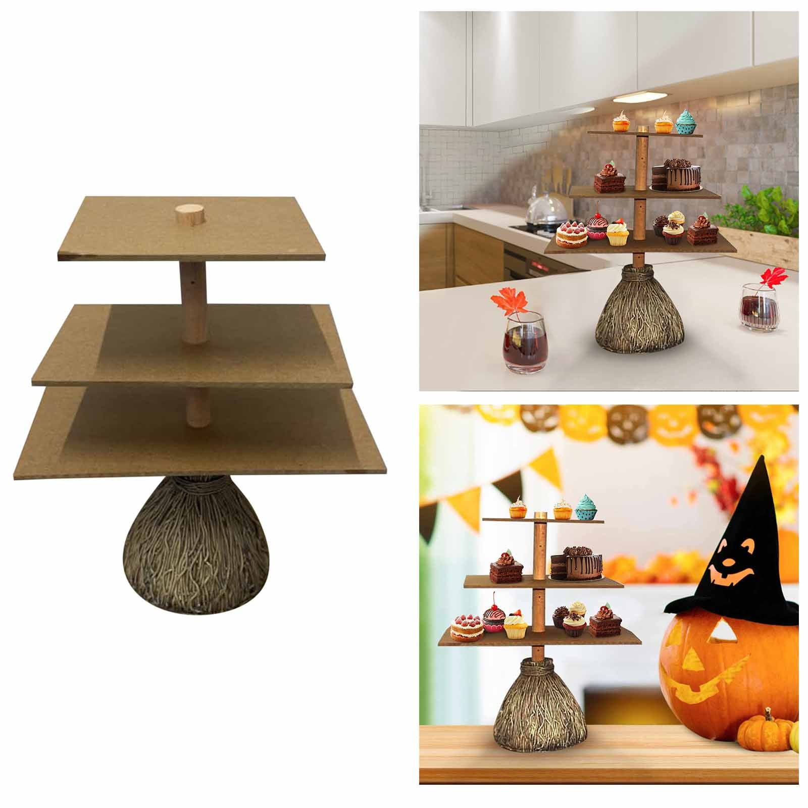 3 Tier Wooden Broom Shaped Halloween Tray Cupcake Server for Home Table ...