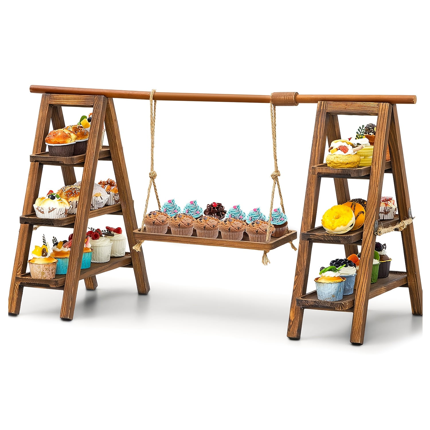 3-Tier Wooden Cupcake Stand with Serving Tray, Foldable Ladder Design ...