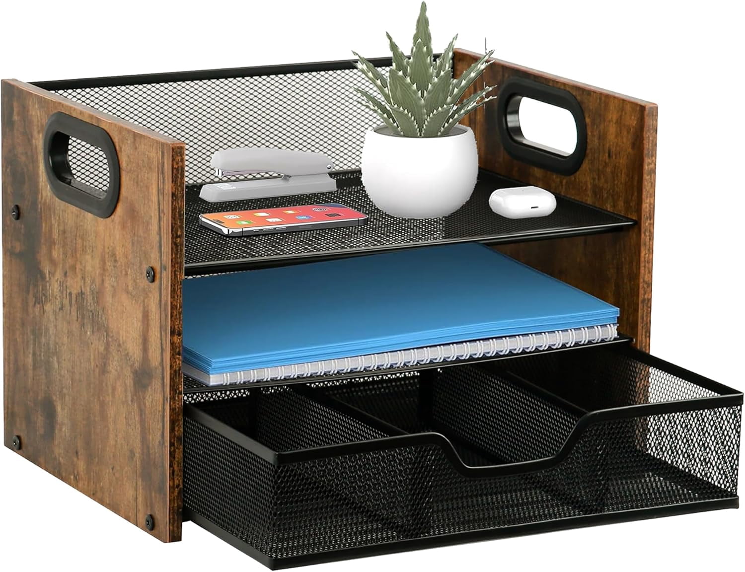 3-Tier Wooden Desktop File Organizer with Drawer and Paper Tray ...