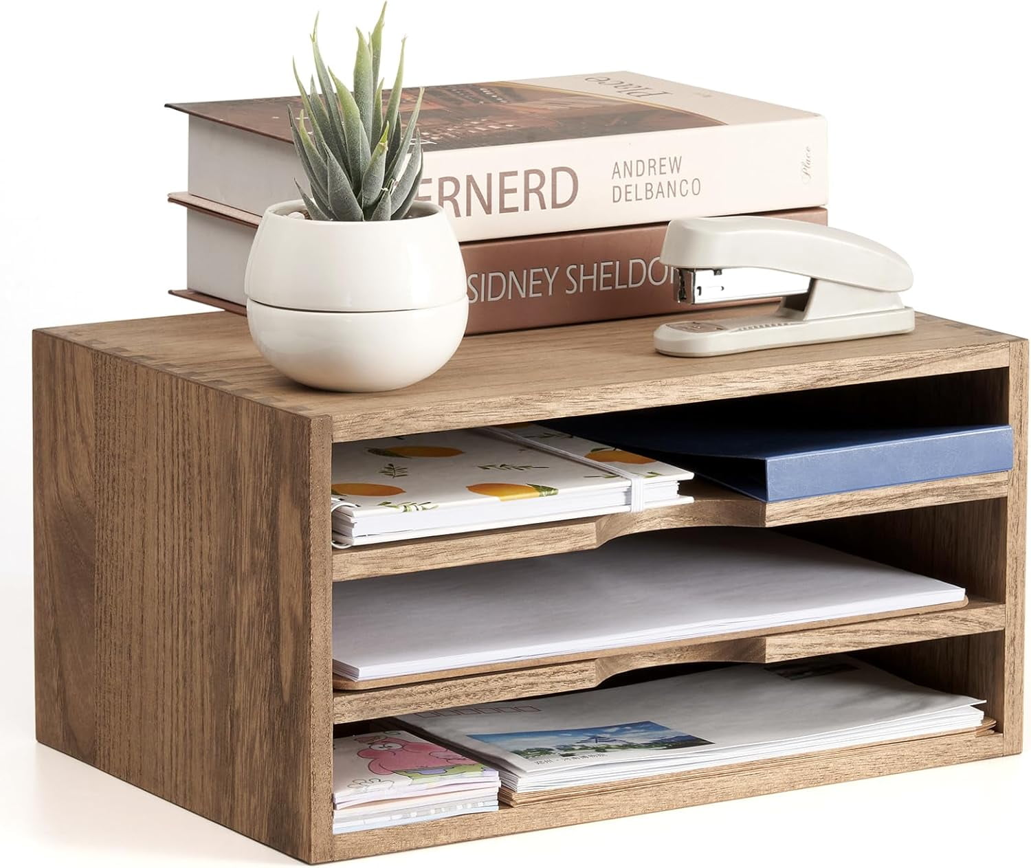 3-Tier Wooden Desktop Organizer - Letter Tray & File Sorter for Papers ...