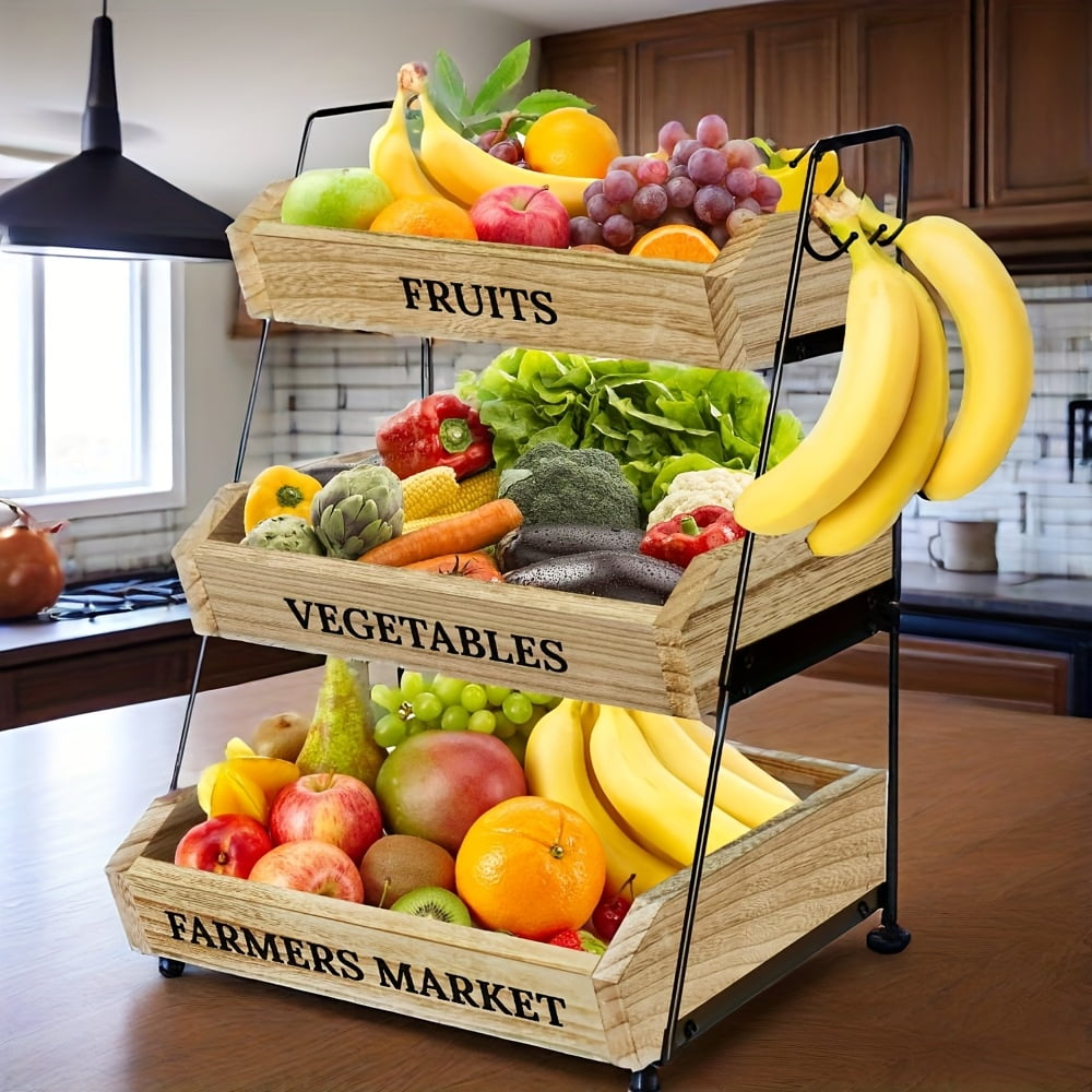 3-Tier Wooden Fruit Basket with Banana Hangers - Large Capacity ...