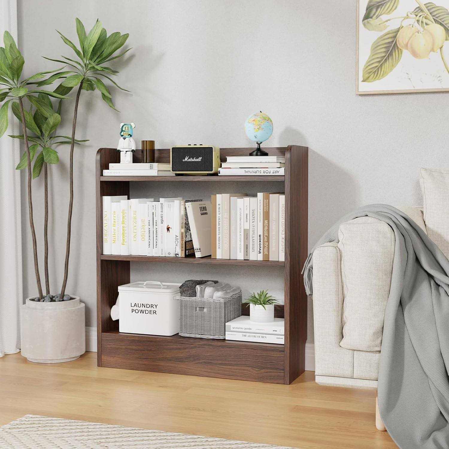 3-Tier Wooden Open Bookcase with Seamless Fit Wall,Space Saving Modern ...