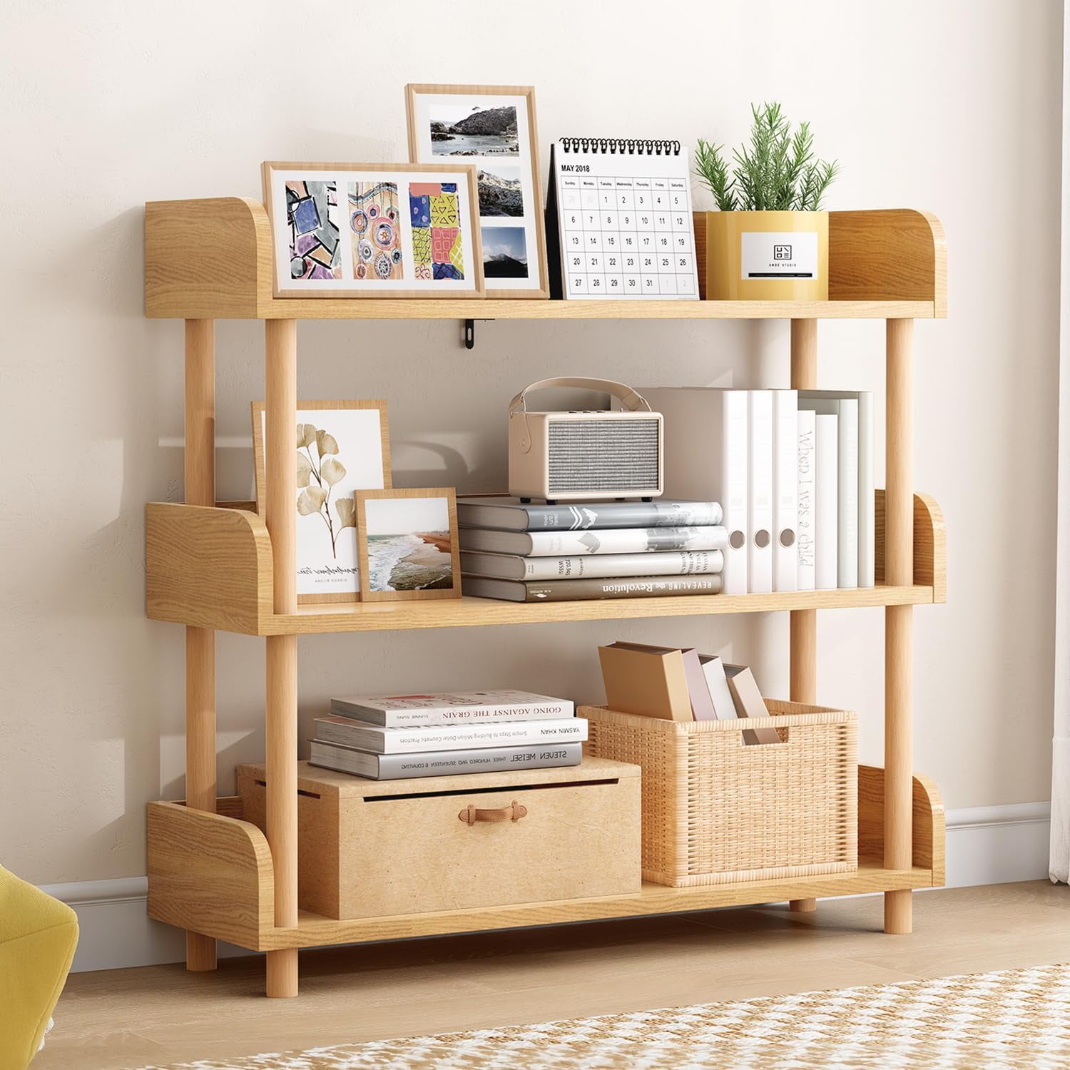 3-Tier Wooden Open Bookshelf, Modern Display Shelf with Standing ...