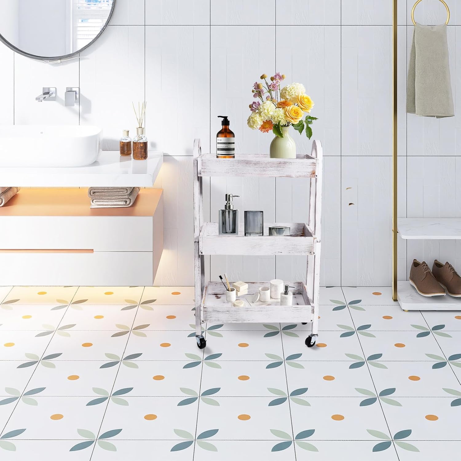 3-Tier Wooden Rolling Cart- Wooden Utility Cart wit Wheels- Utility ...