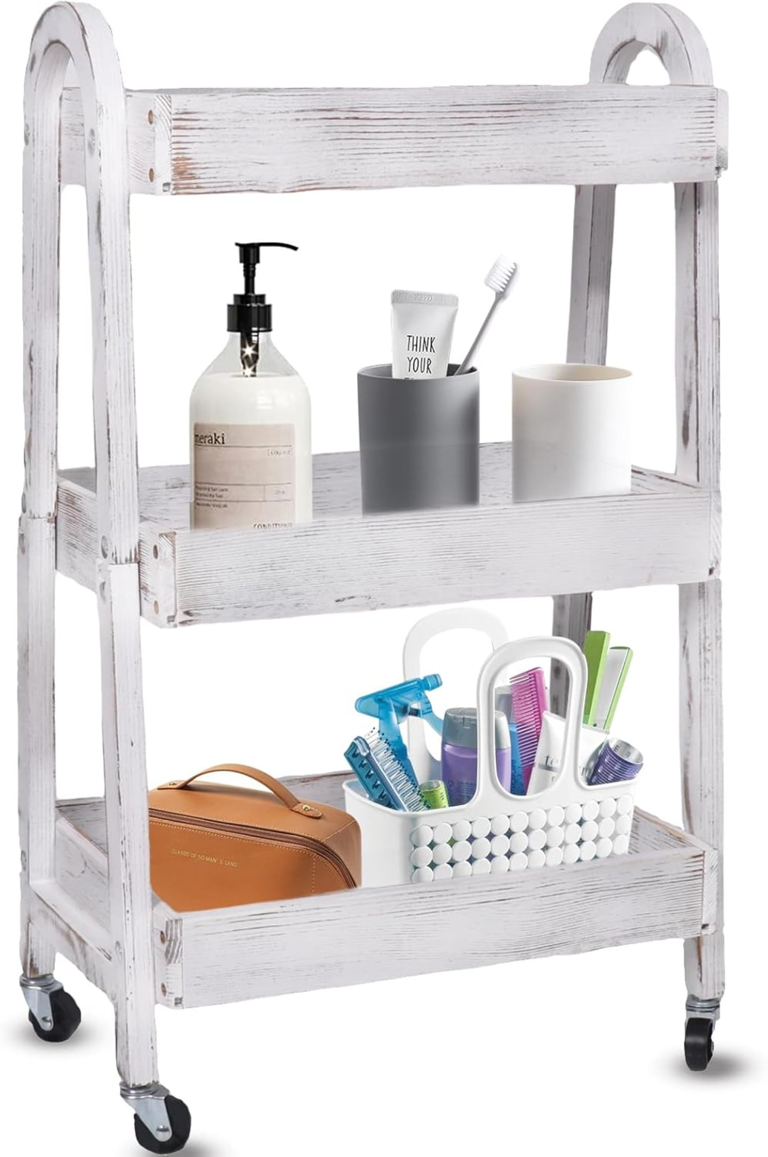 3-Tier Wooden Rolling Cart- Wooden Utility Cart wit Wheels- Utility ...