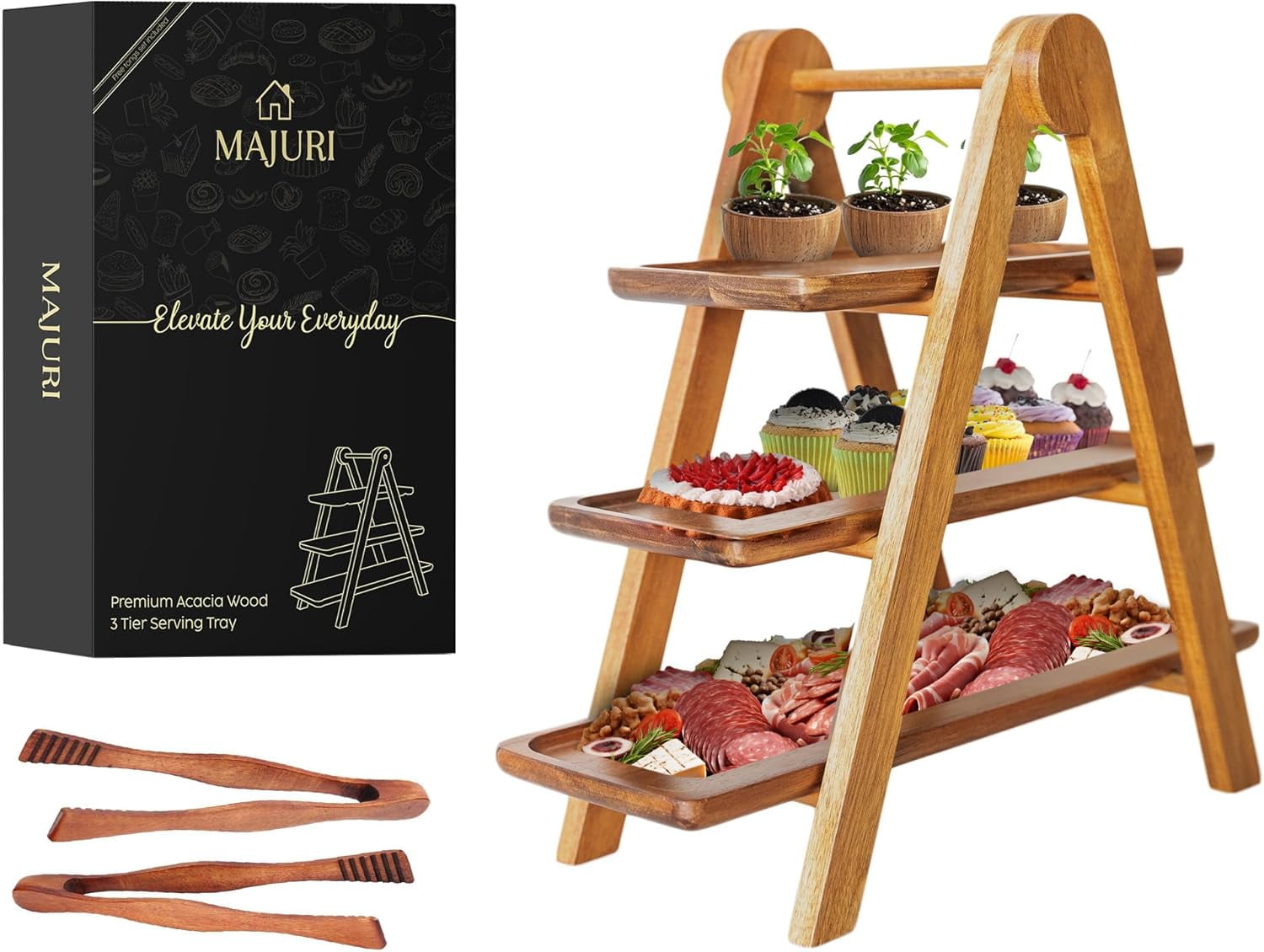 3 Tier Wooden Serving Tray, Set of 2 with Tongs Included, Tiered ...