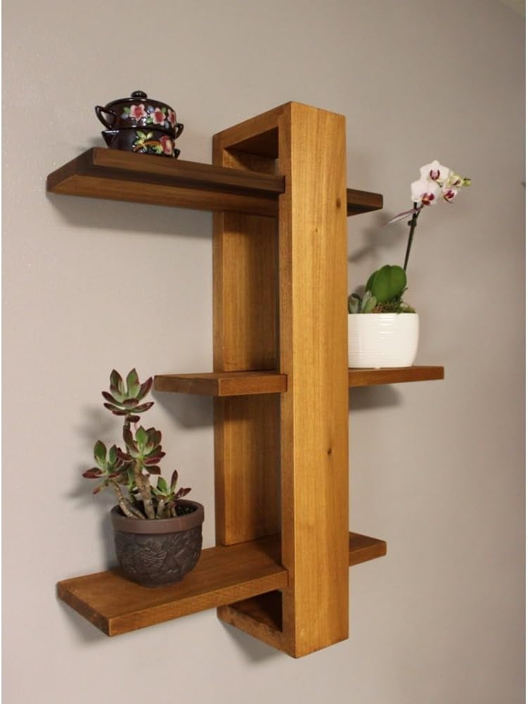 3 Tier Wooden Shift Shelf, Poplar Hardwood Modern Handmade Floating Shelves, Geometric Wall ...