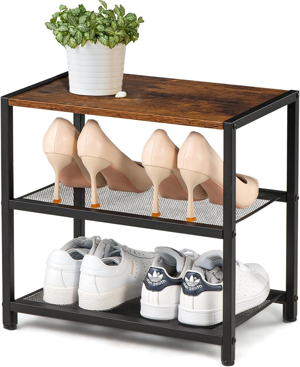 3-Tier Wooden Shoe Rack with Metal Mesh Shelves - for Entryway, Closet ...