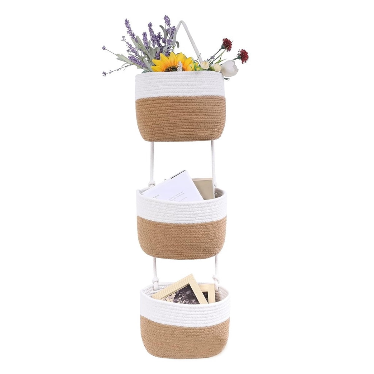3-Tier Woven Cotton Hanging Kitchen Baskets Storage Organizer Bag With ...