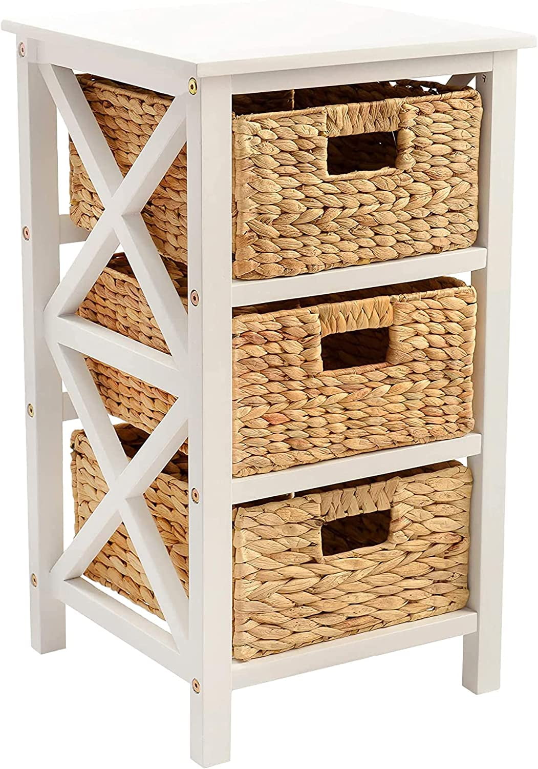 3 Tier X-Side End Table with Wicker Baskets for Bedside, Living Room ...