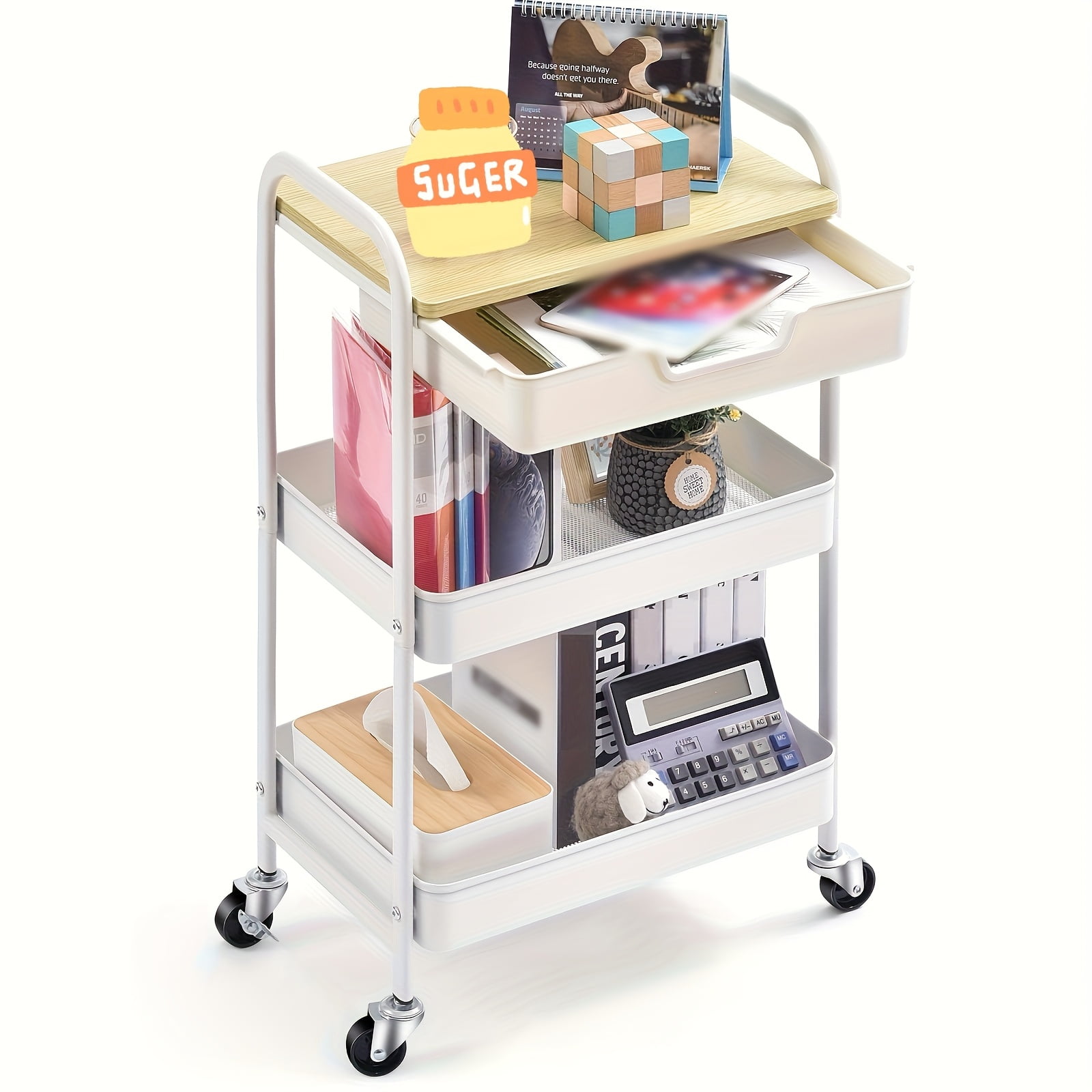 3-Tier fanruina Metal Utility Rolling Cart With Drawer And Table Top ...