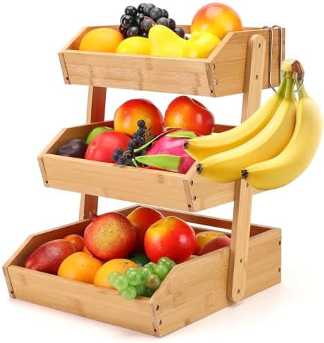 3 Tiered Bamboo Fruit Basket for Kitchen Counter,Produce Storage ...