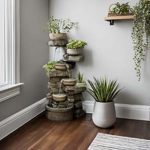3 Tiered Bowls Floor Stacked Stone Waterfall Fountain for Outdoor Patio ...