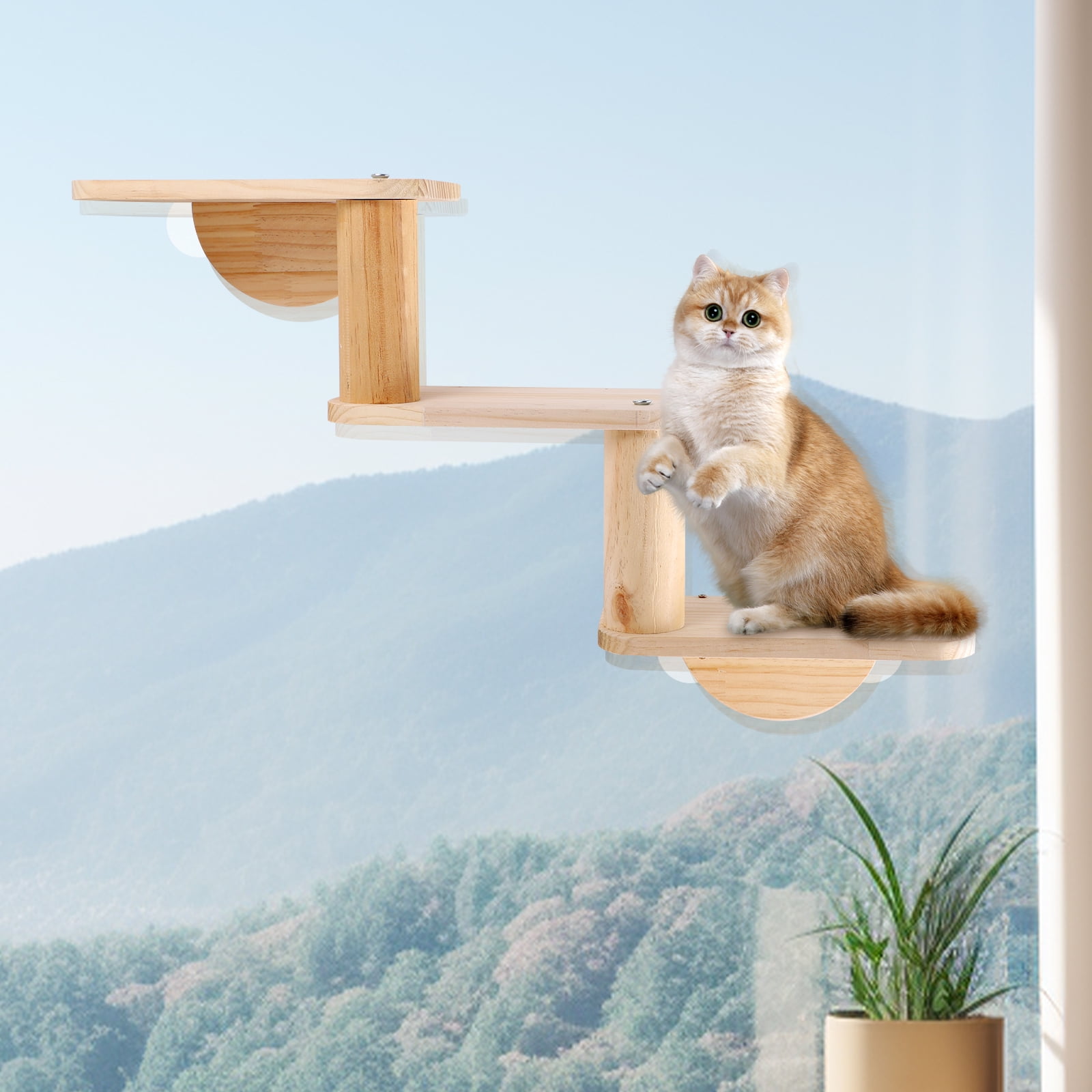 3 Tiered Cat Ladder, Solid Wood Cat Window Perch, Indoor Cat Climbing ...