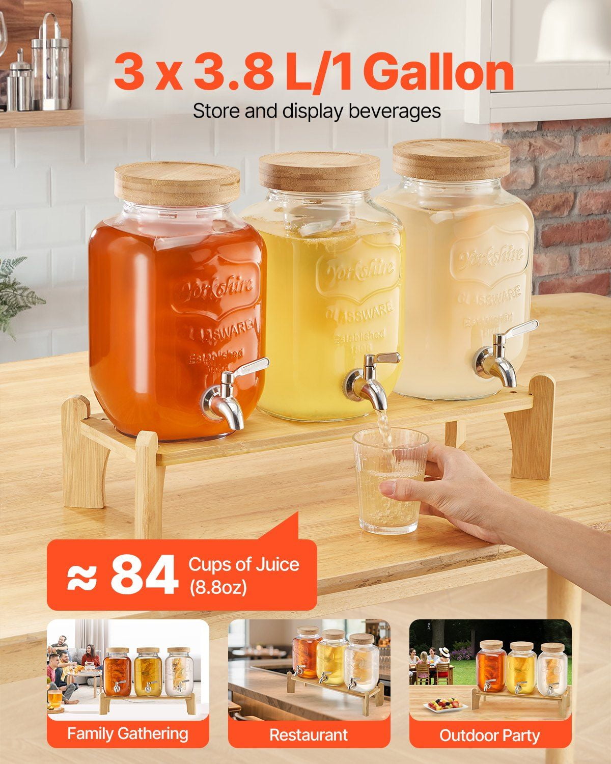 3-Tiered Drink Dispenser Stand Set, Includes (3) 1-Gallon Glass Jars ...