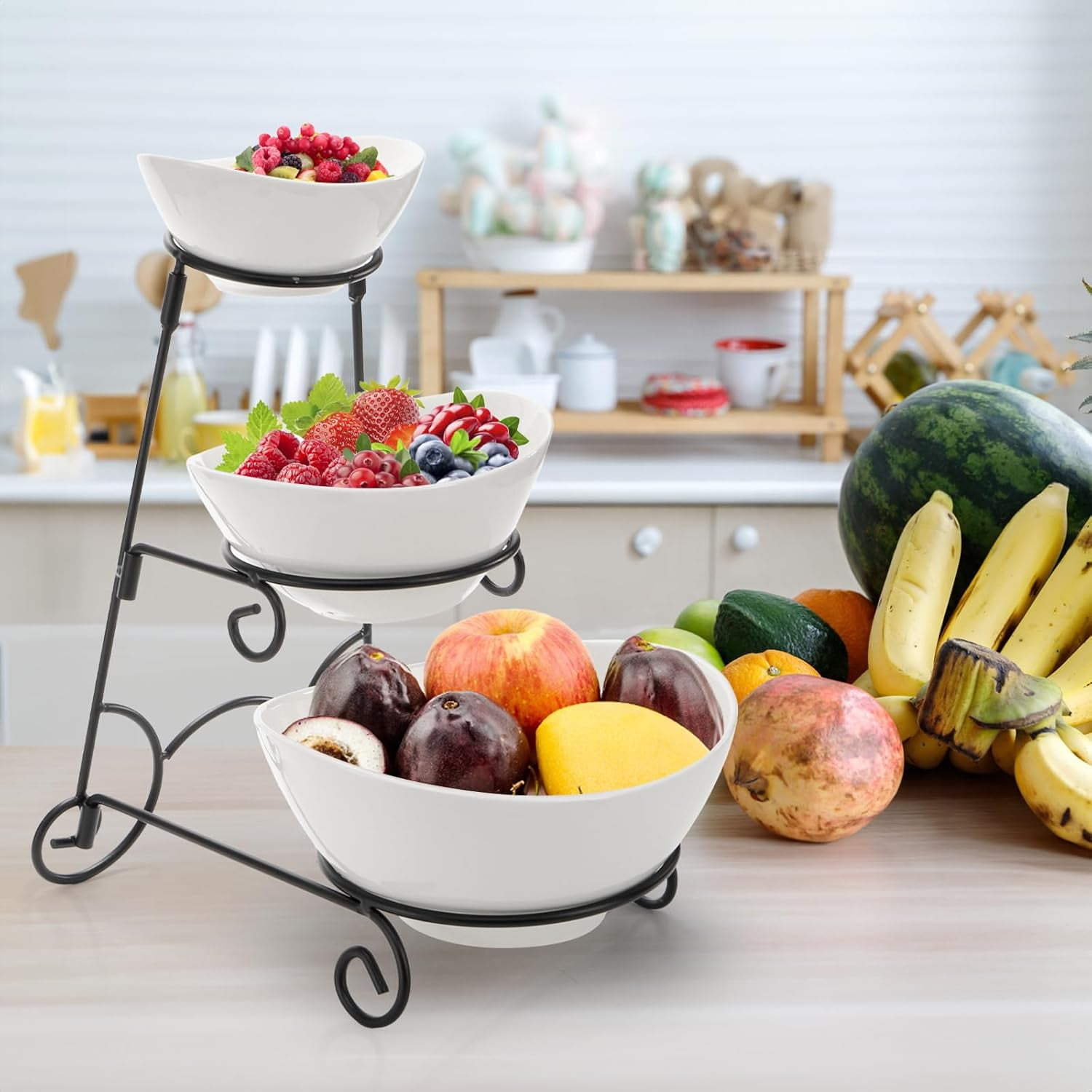 3 Tiered Serving Bowl Set, Ceramic Oval Dishes with Collapsible Metal ...
