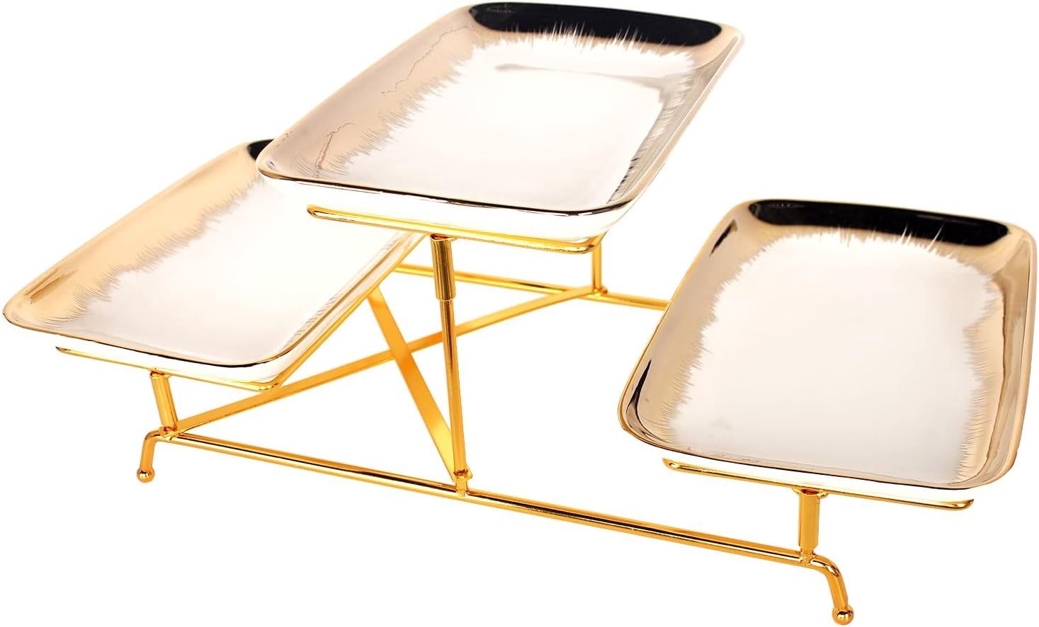 3-Tiered Serving Rack with Ceramic Tray, Foldable Gold Stand with 3-PCS ...