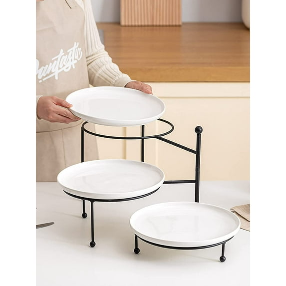 3 Tiered Serving Stand with White Porcelain Plates, 10" Round Tray ...