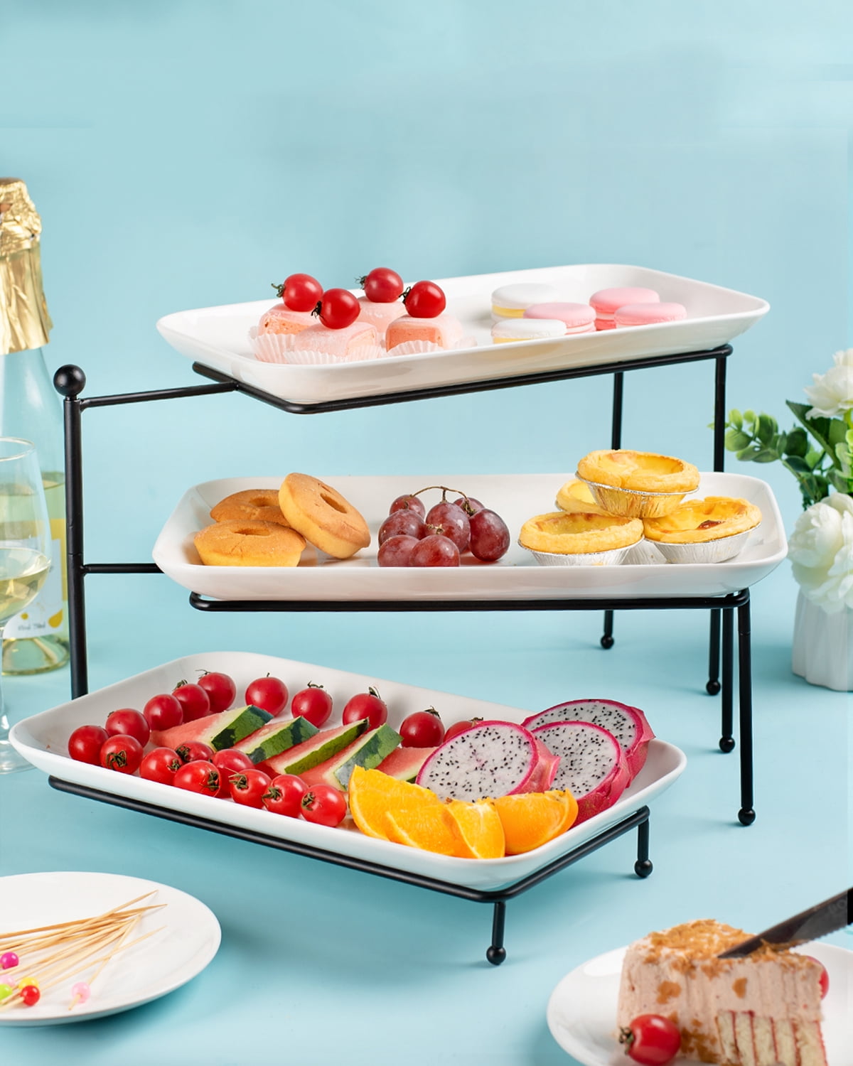 Dizada 3 Tiered Serving Stand - White Ceramic Platters, 14" x 8" Tier ...