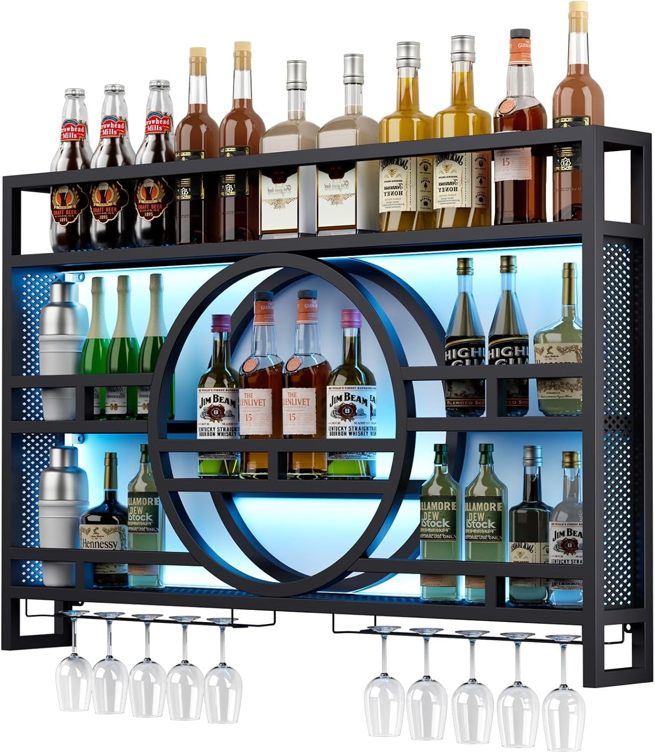 3-Tiers 39in Wine Rack Wall Mounted with LED, Floating Bar Shelves with ...