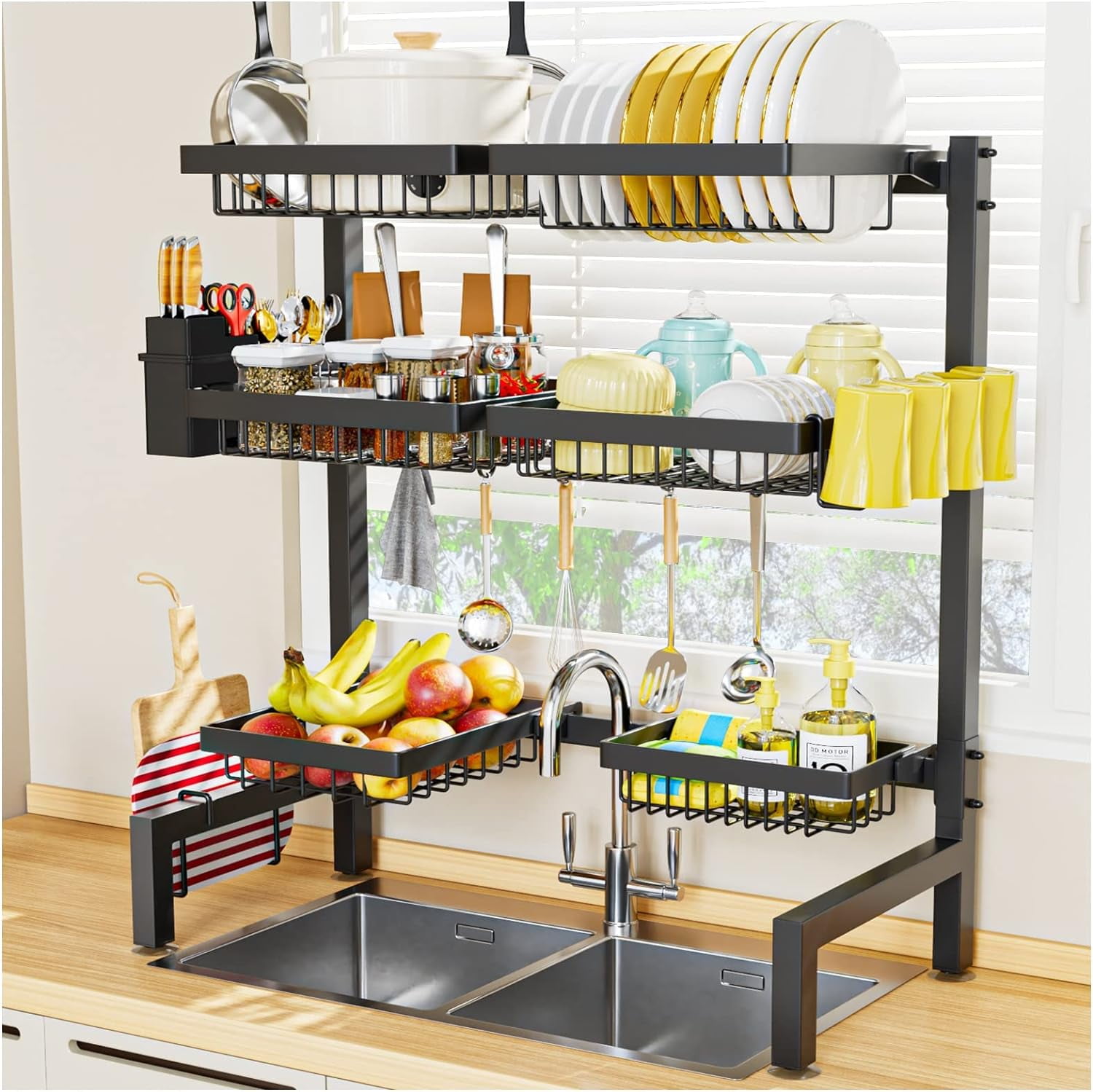 3 Tiers 6 Baskets Dish Drying Rack, 24.8"-35.4",Over Sink Dish Drying ...