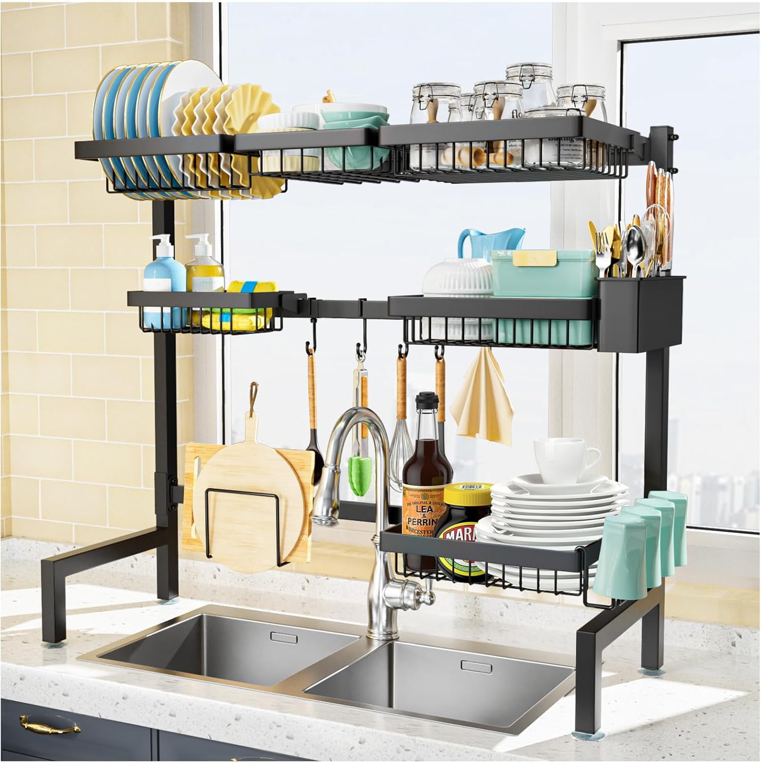 3 Tiers 6 Baskets Over The Sink Dish Drying Rack Extendable (24.8 "-35. ...