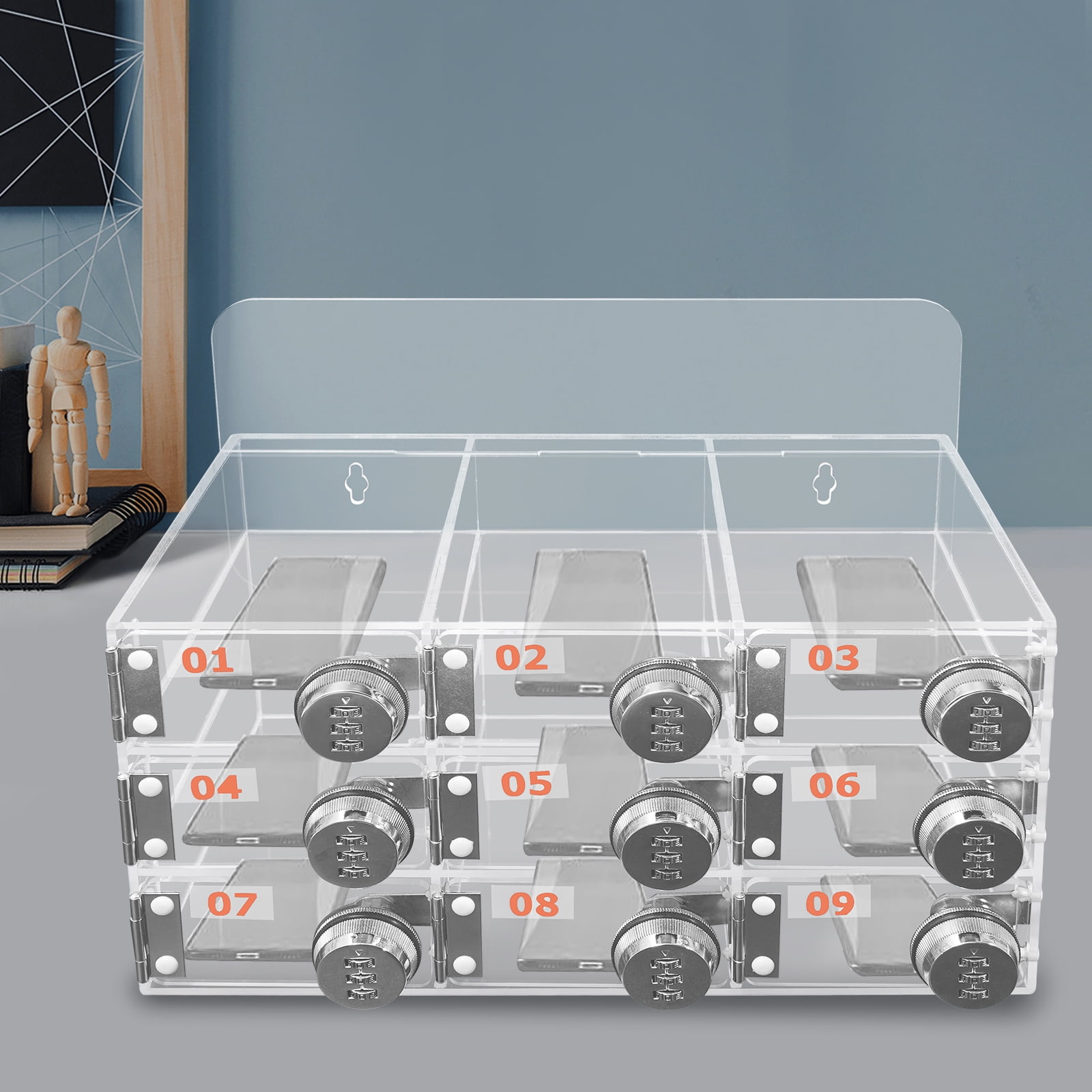 3 Tiers 9 Slots Cell Phone Locker Box in Acrylic Zinc Alloy, Wooden ...