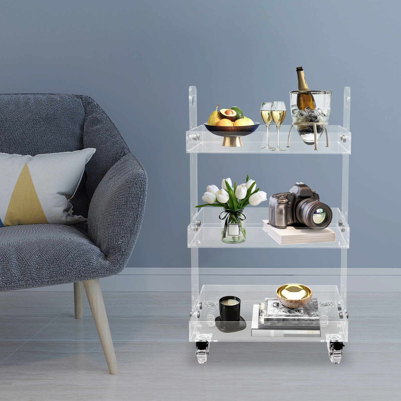 3 Tiers Acrylic Utility Rolling Cart Storage Cart w/Wheels Storage ...