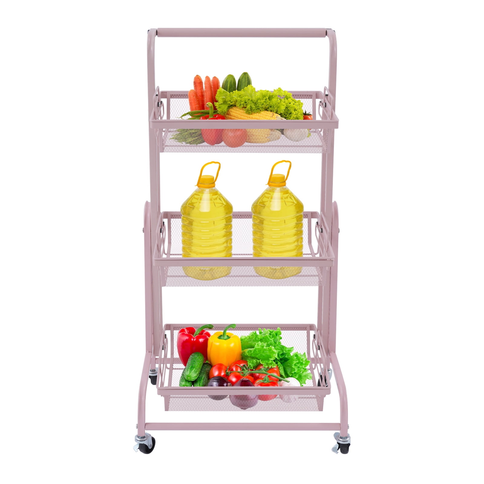 3-Tiers Adjustable Carbon Steel Rolling Utility Cart with Handle 3 Mesh ...