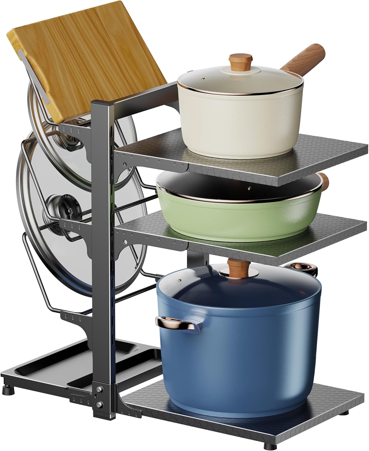 3 Tiers Adjustable Pan Rack Organizer for Cabinet, Pots and Pans ...