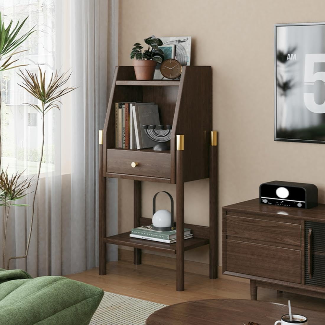 3 Tiers Bamboo Display Bookshelf with Drawer, Floor Open Book Shelf ...