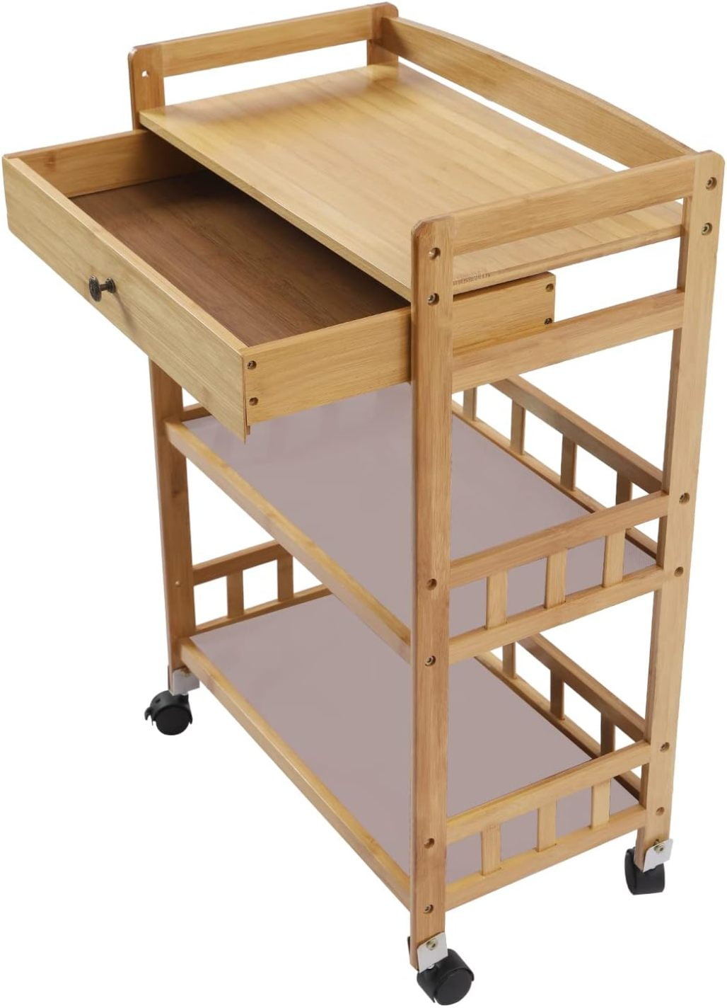 3 Tiers Bamboo Home Rolling Kitchen Trolley w/Storage Drawer Stand ...