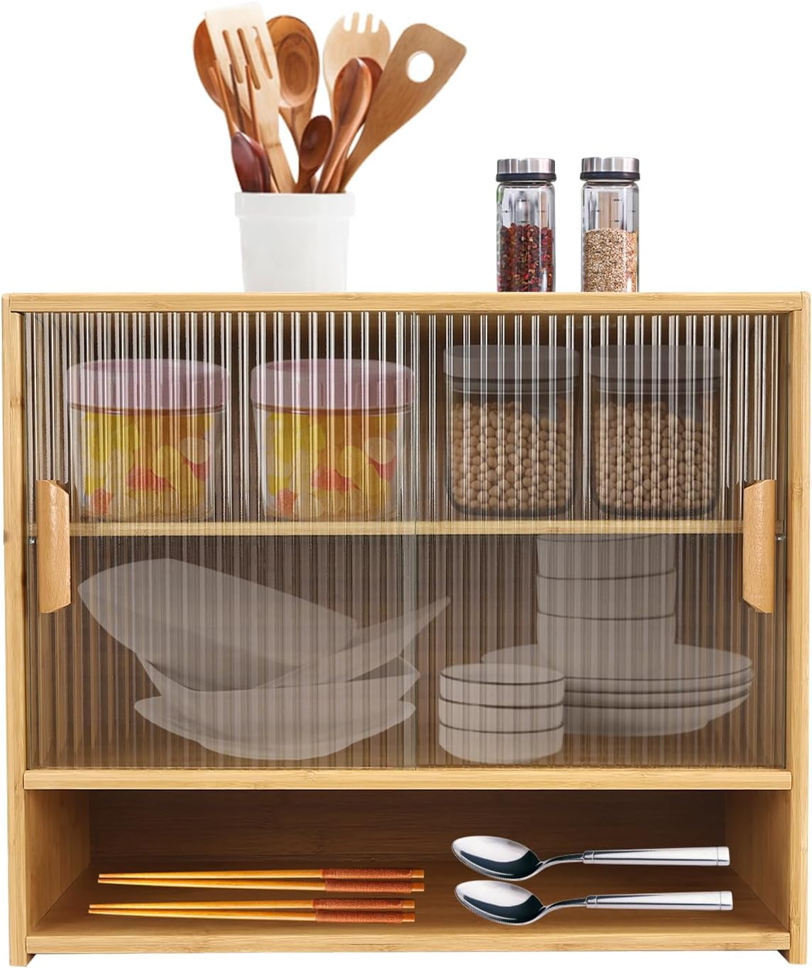 3-Tiers Bamboo Kitchen Cabinet, Small Kitchen Pantry Sideboard with 2 ...