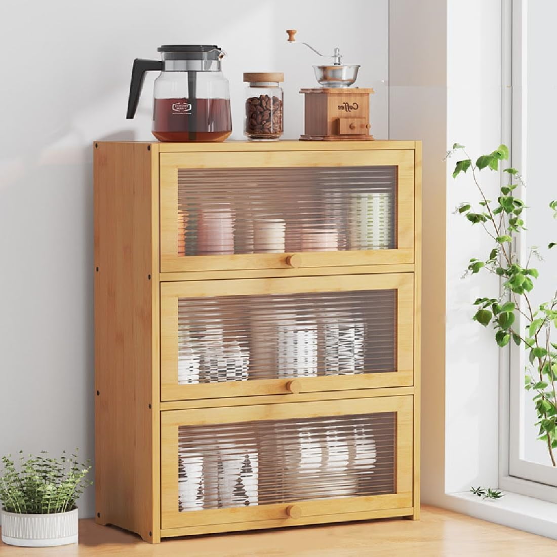 3 Tiers Bamboo Storage Cabinet, Kitchen Pantry Countertop Sideboard ...