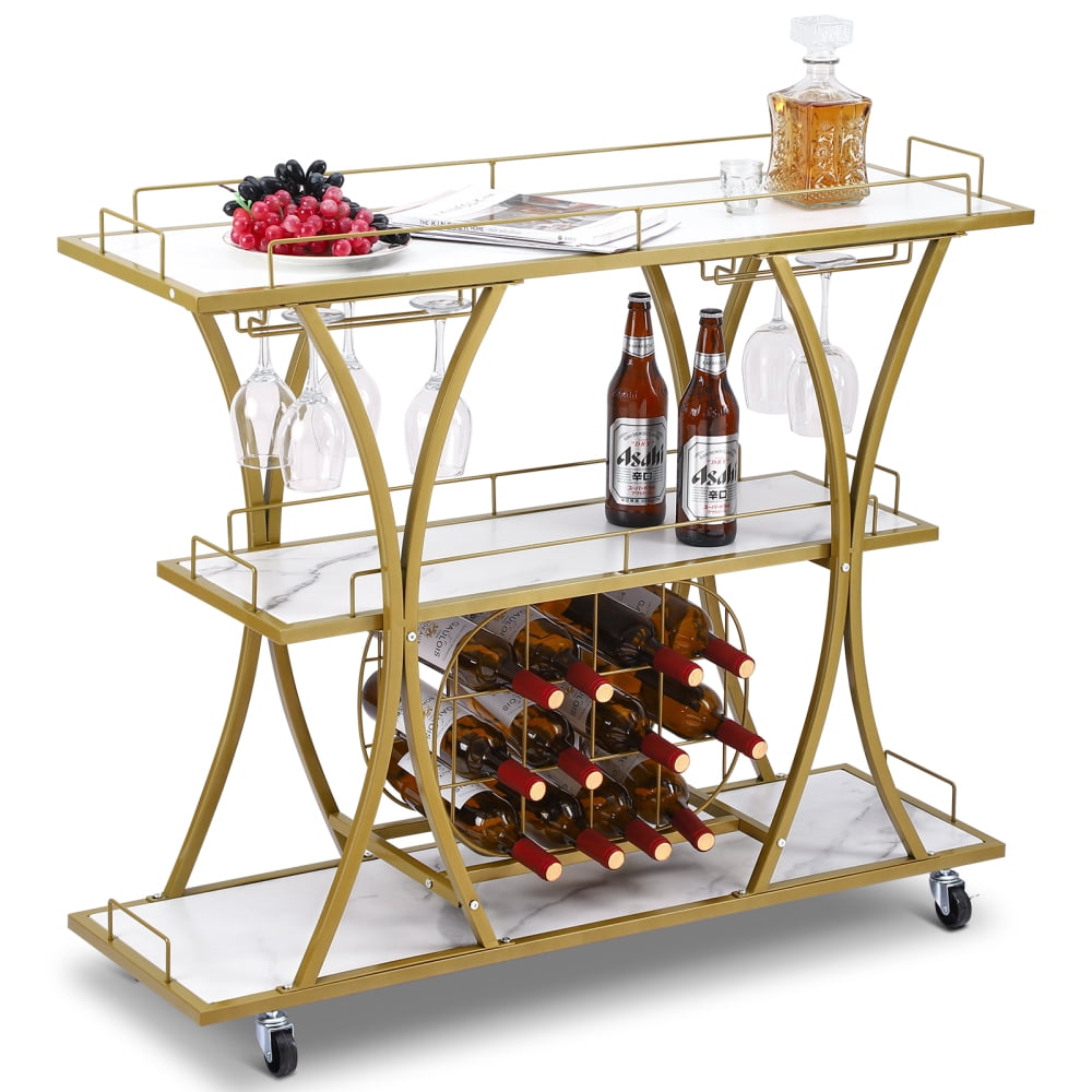 3 Tiers Bar Cart with Rolling Wheels, Gold Bar Serving Cart with Wine ...