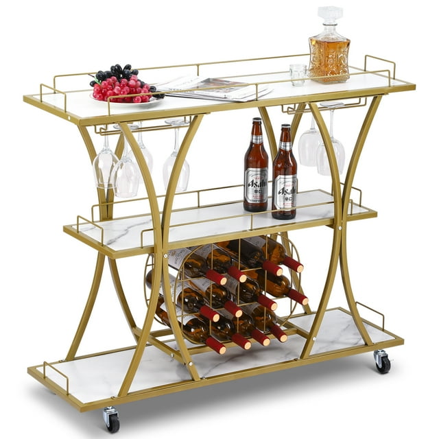 3 Tiers Bar Cart with Rolling Wheels, Gold Bar Serving Cart with Wine Glass Holder and Wine Rack ...