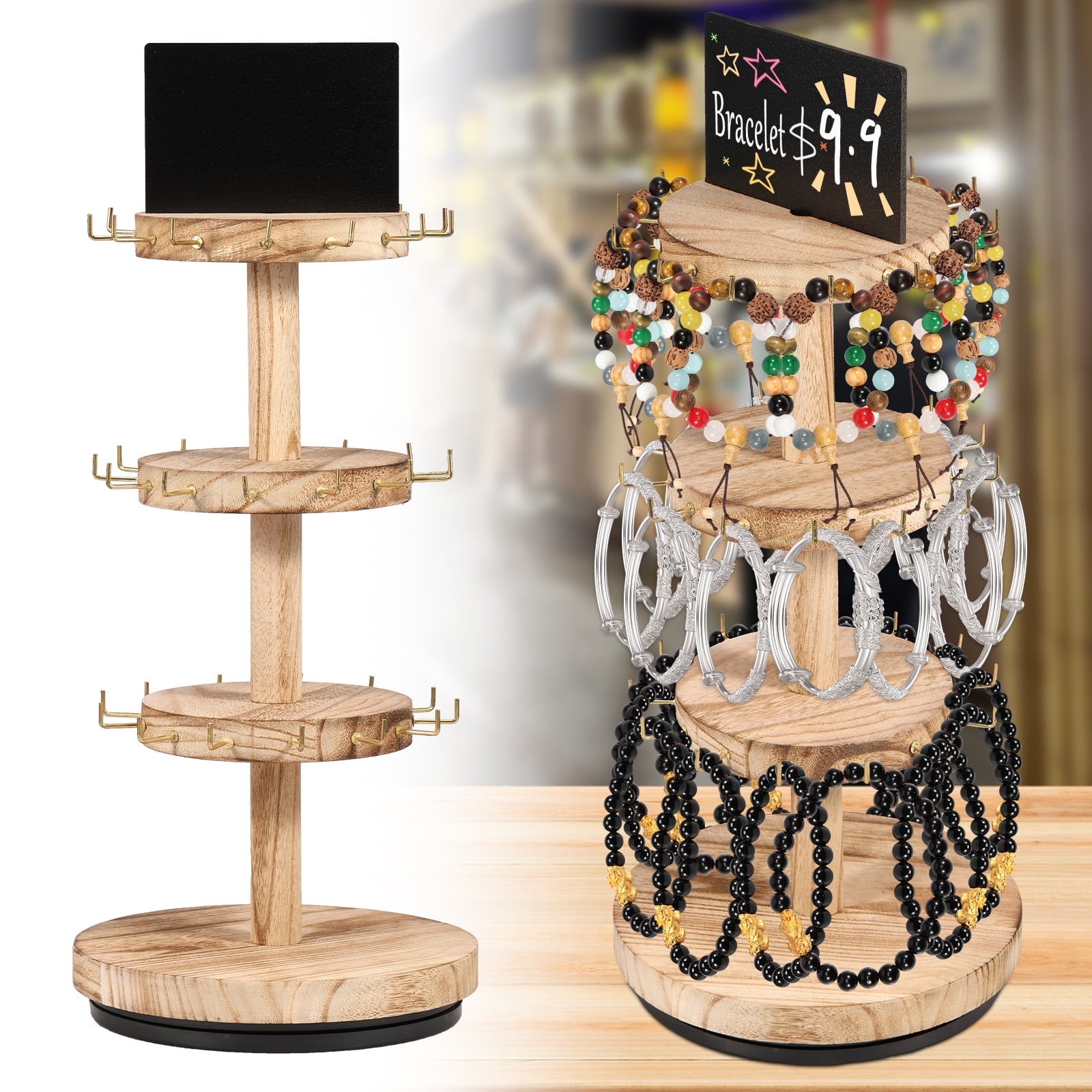 3 Tiers Bracelet Holder with Hooks and Advertising Board Wood Bracelet ...