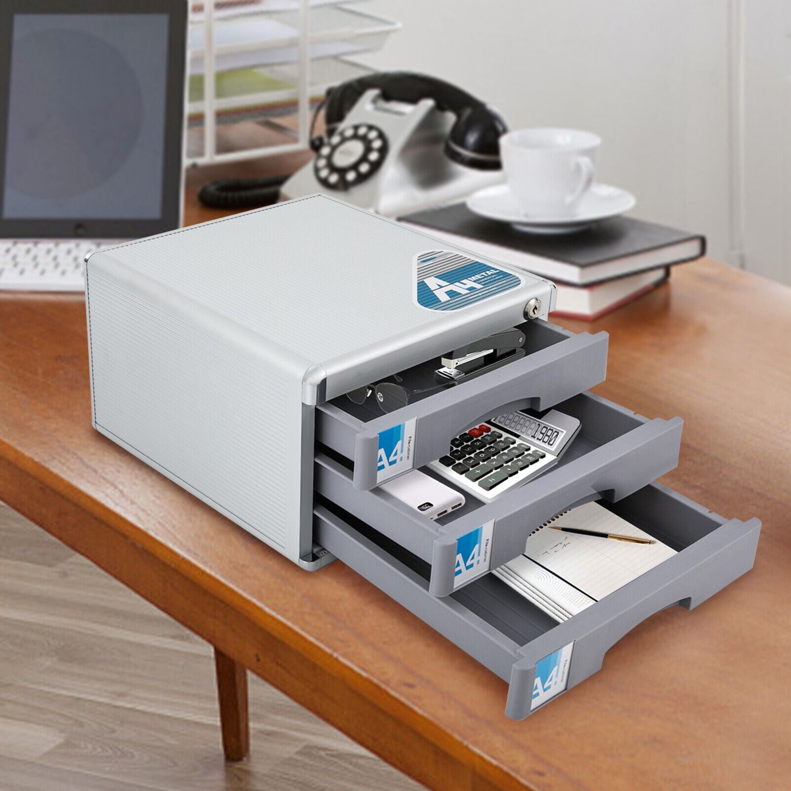 3 Tiers Desktop Drawer Organizer A4 File Size Aluminum Alloy File ...