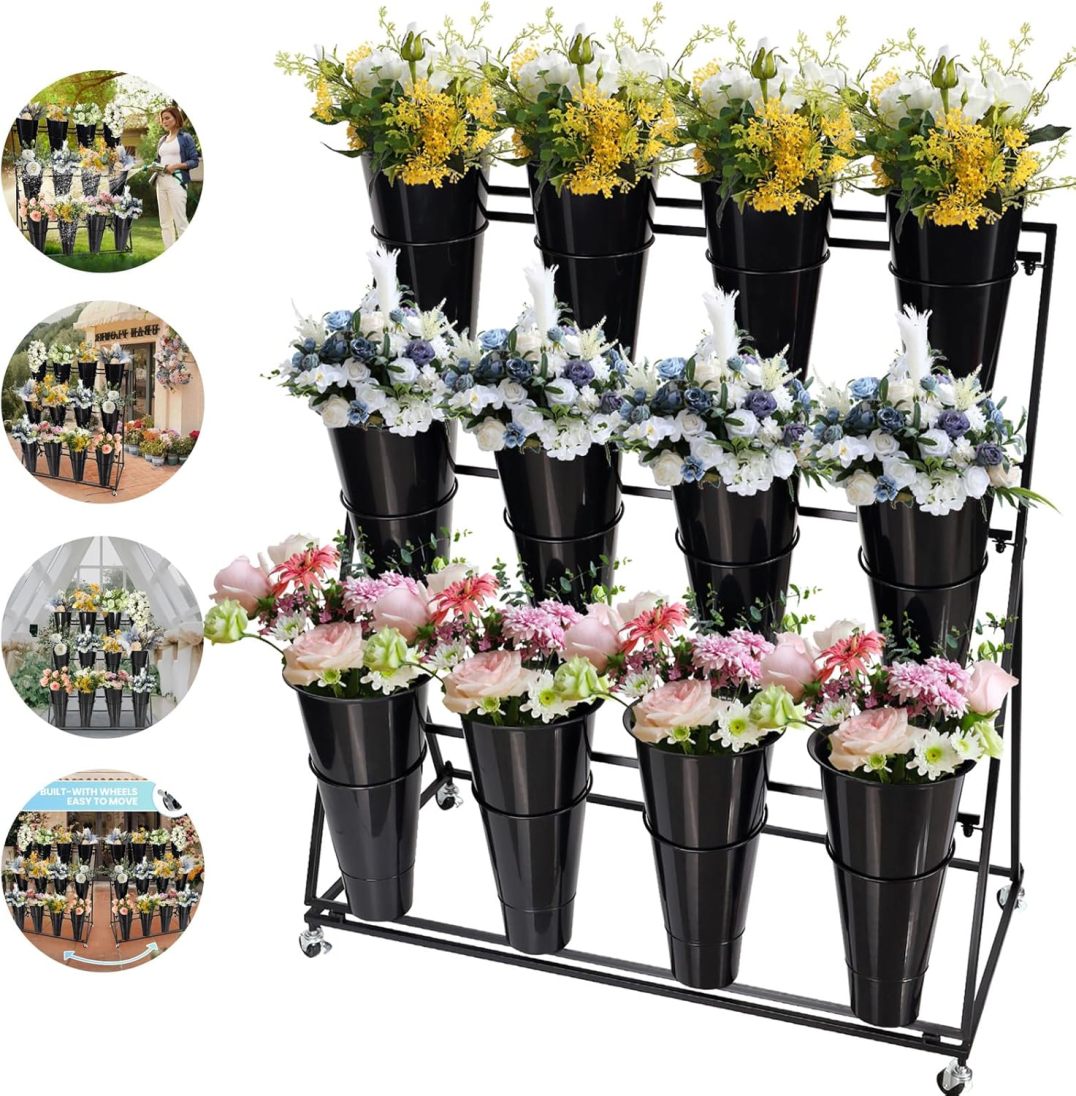 3 Tiers Flower Display Stand, 12 Buckets Heavy Duty Moving Plant Cart ...