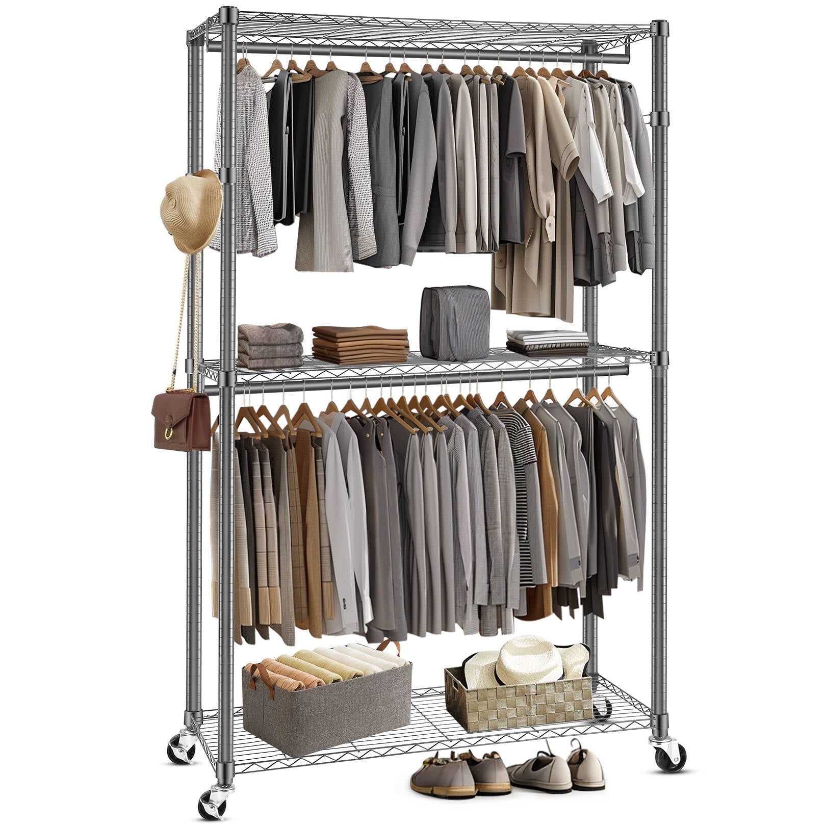 3 Tiers Heavy Duty Clothes Rack, Free-Standing Double Rods Clothing ...